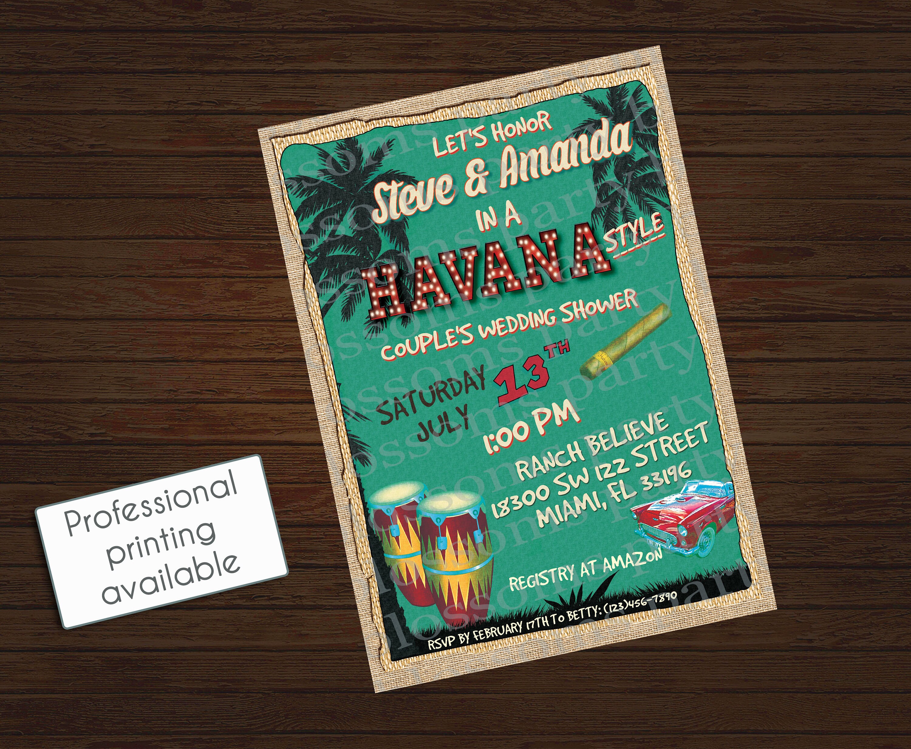 CUSTOMIZED for You Printable 5x7 Night in Havana Tropical Cuban Theme ...