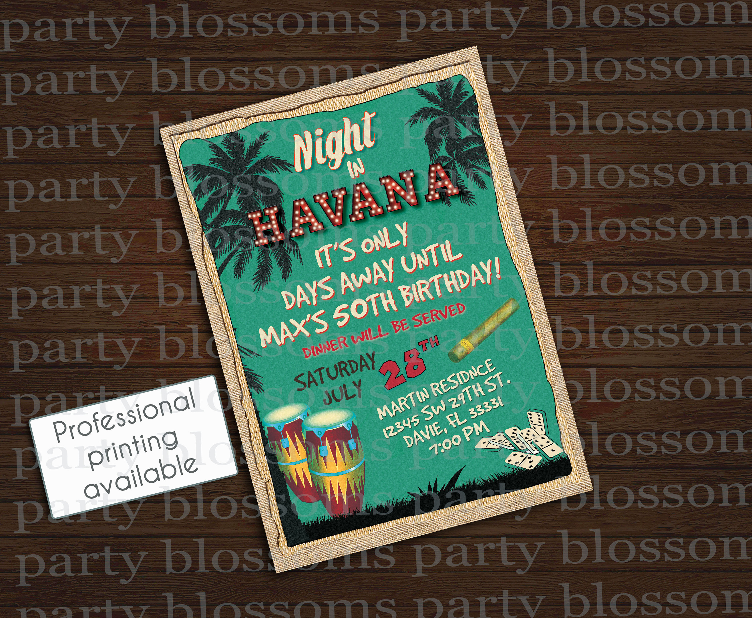 CUSTOMIZED for You Printable 5x7 Night in Havana Tropical Cuban Theme ...