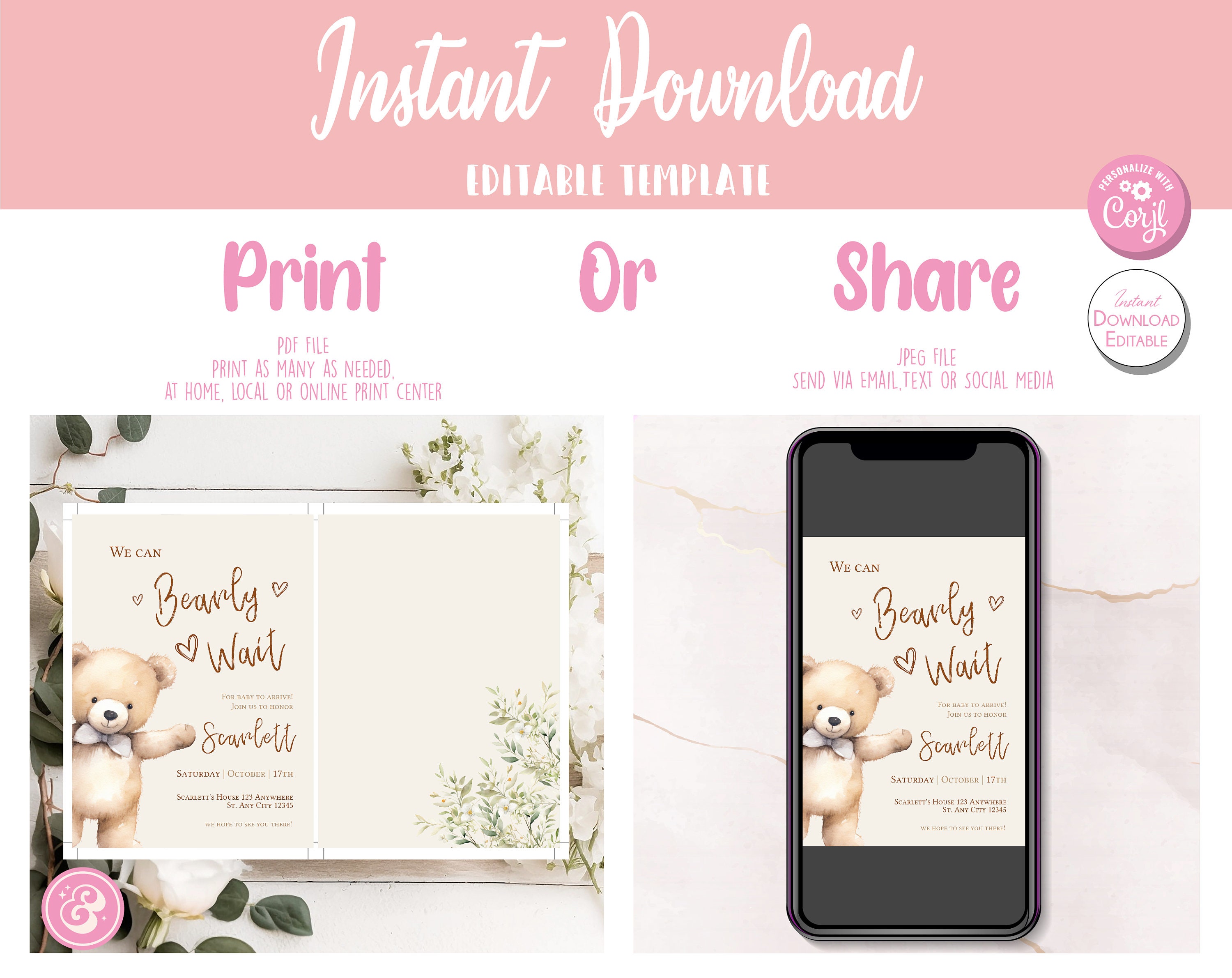 Bear Invitation, Baby Expecting Template, Instant Download Editable ...