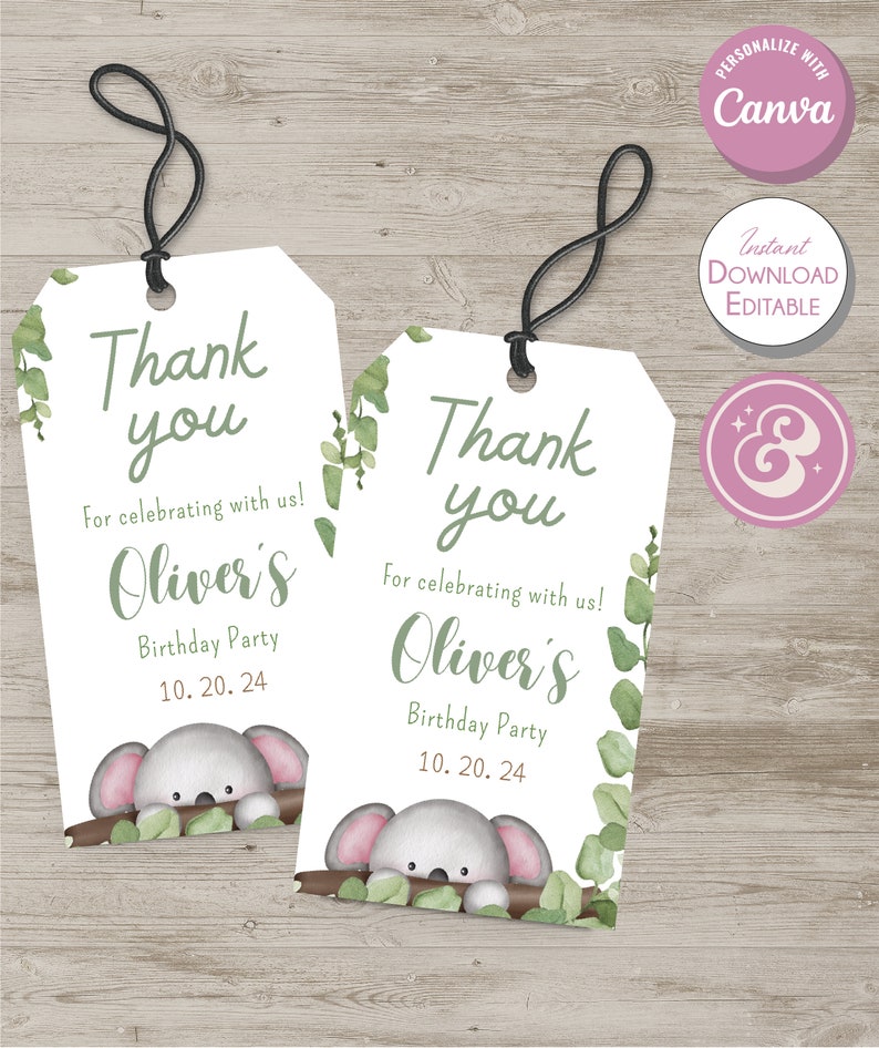 Thank You Tags Baby Koala Printable, Instant Download Editable ...