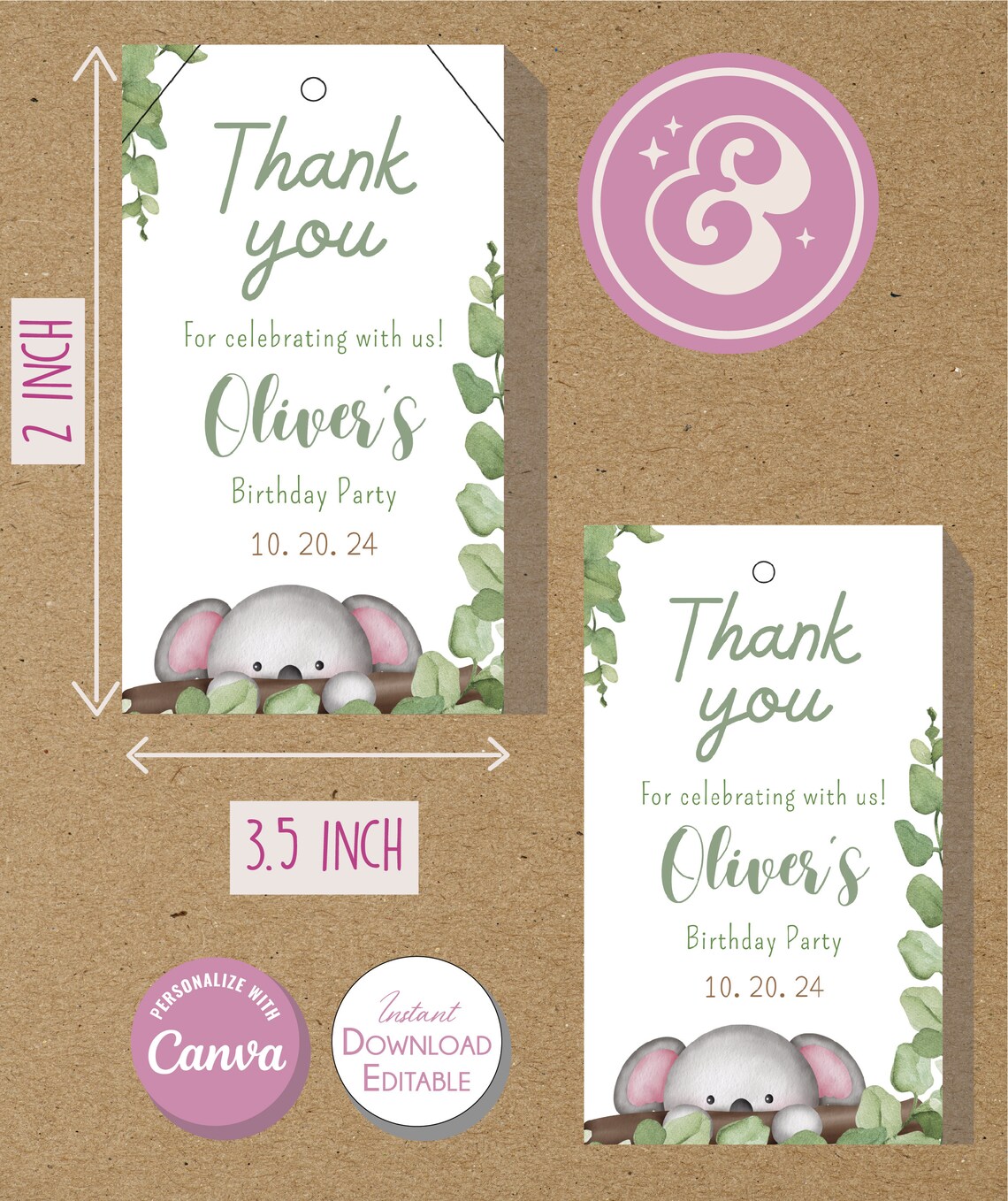 Thank You Tags Baby Koala Printable, Instant Download Editable ...
