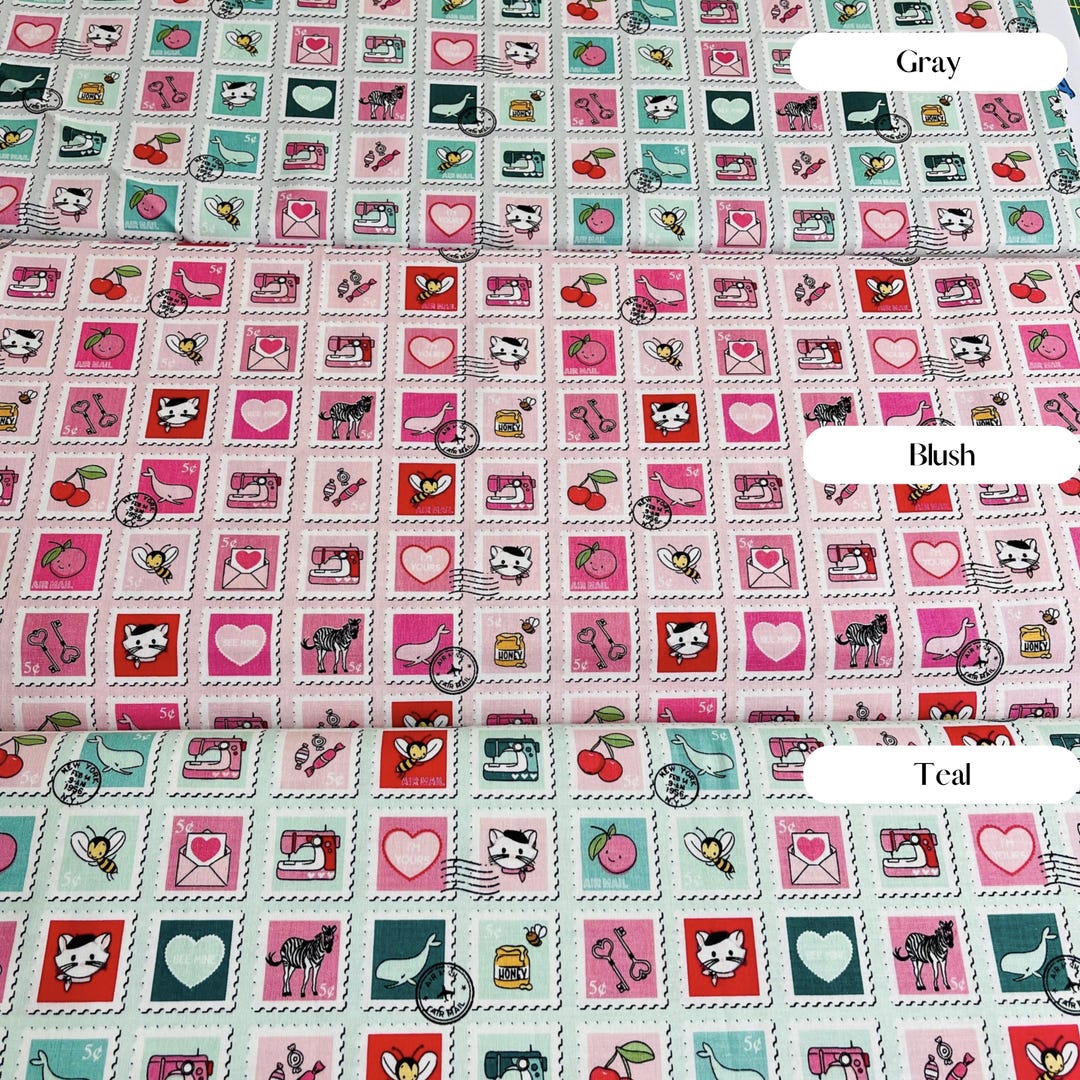 Postage Stamp Fabric /melissa Mortensen /riley Blake /mint /gray /blush ...