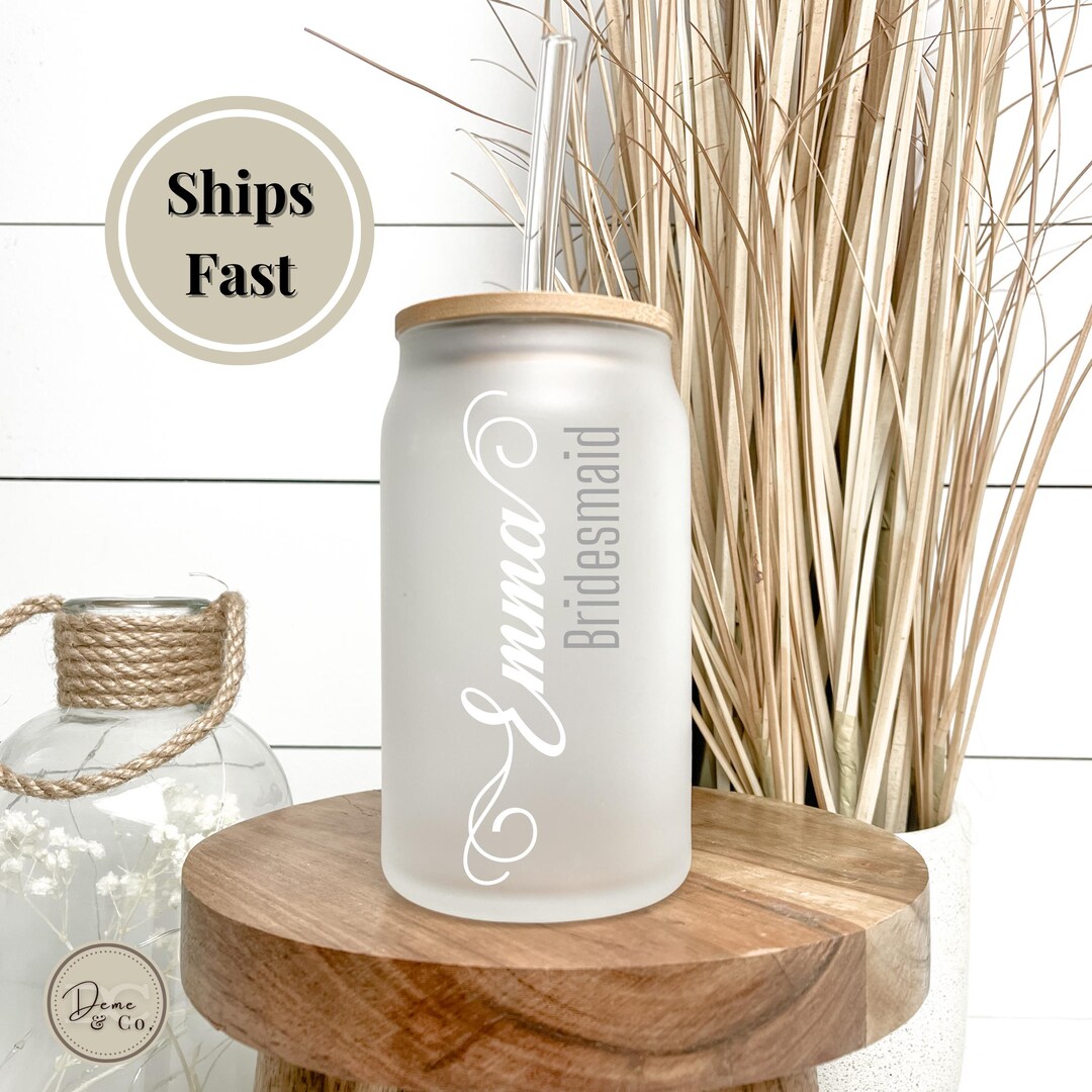 Personalized Frosted Glass Bridal Cup With Bamboo Lid & Straw - Etsy