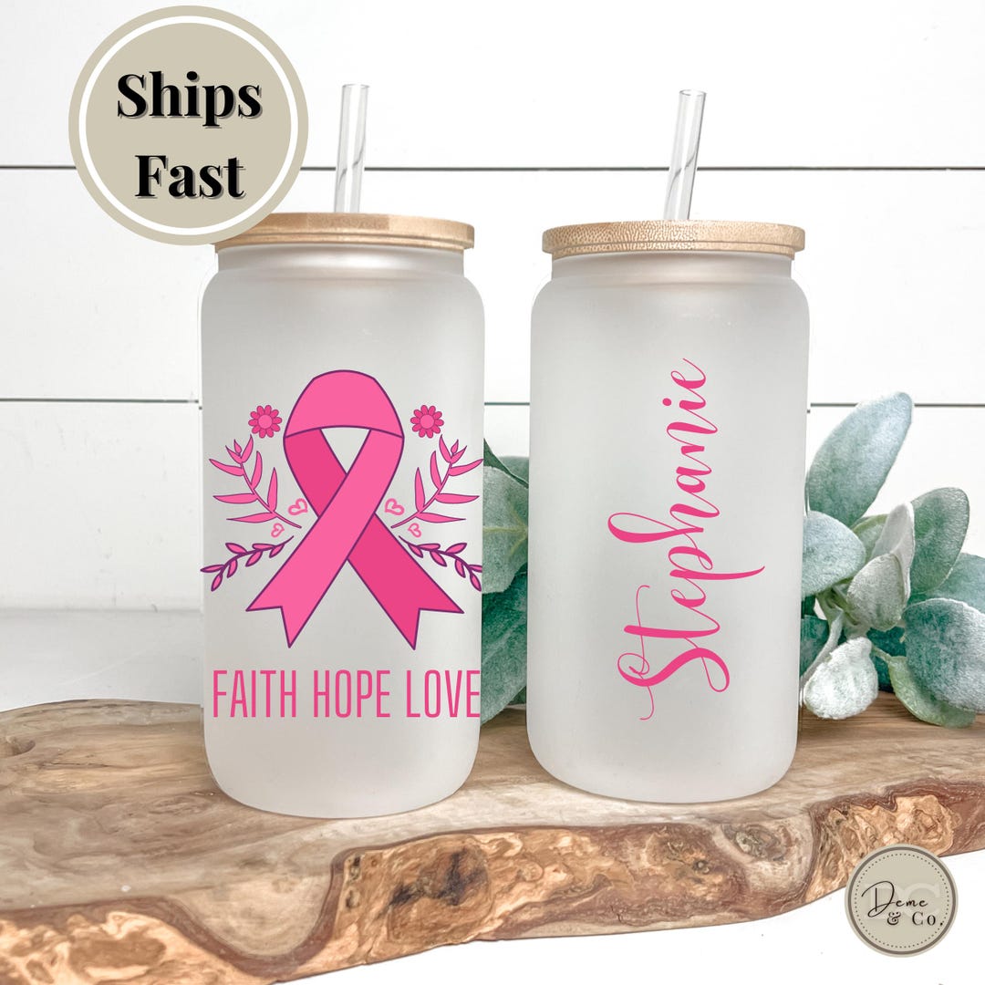 Custom Breast Cancer Pink Ribbon Glass Cup for Warrior, Personalized ...