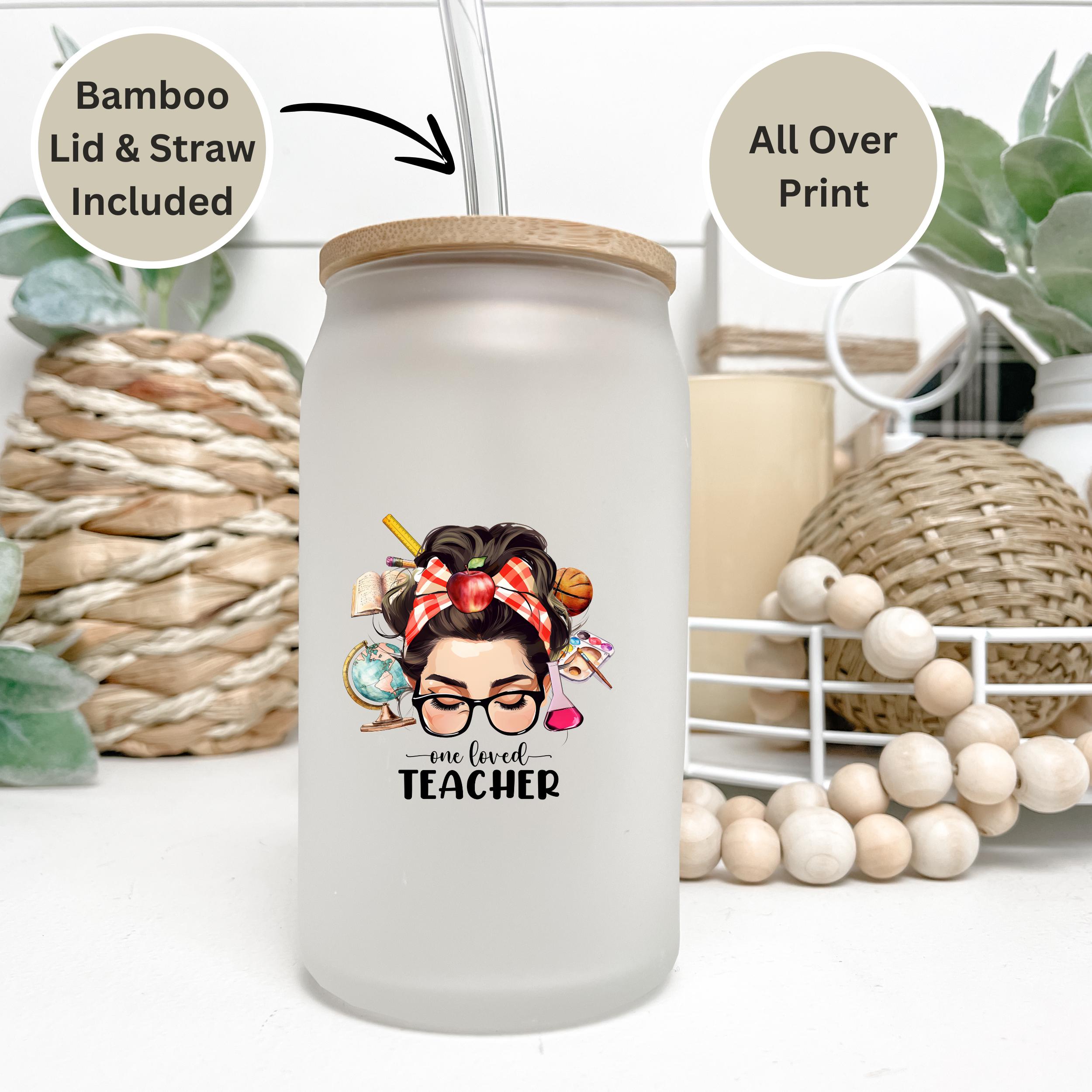 Personalized Messy Bun Teacher Glass Cup, Custom Teacher Coffee Cup ...