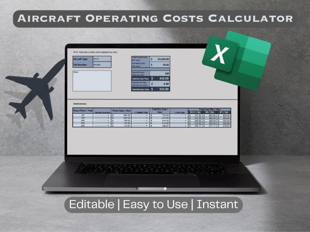 Aircraft Ownership Cost Calculator | Annual Operating Expense Excel ...