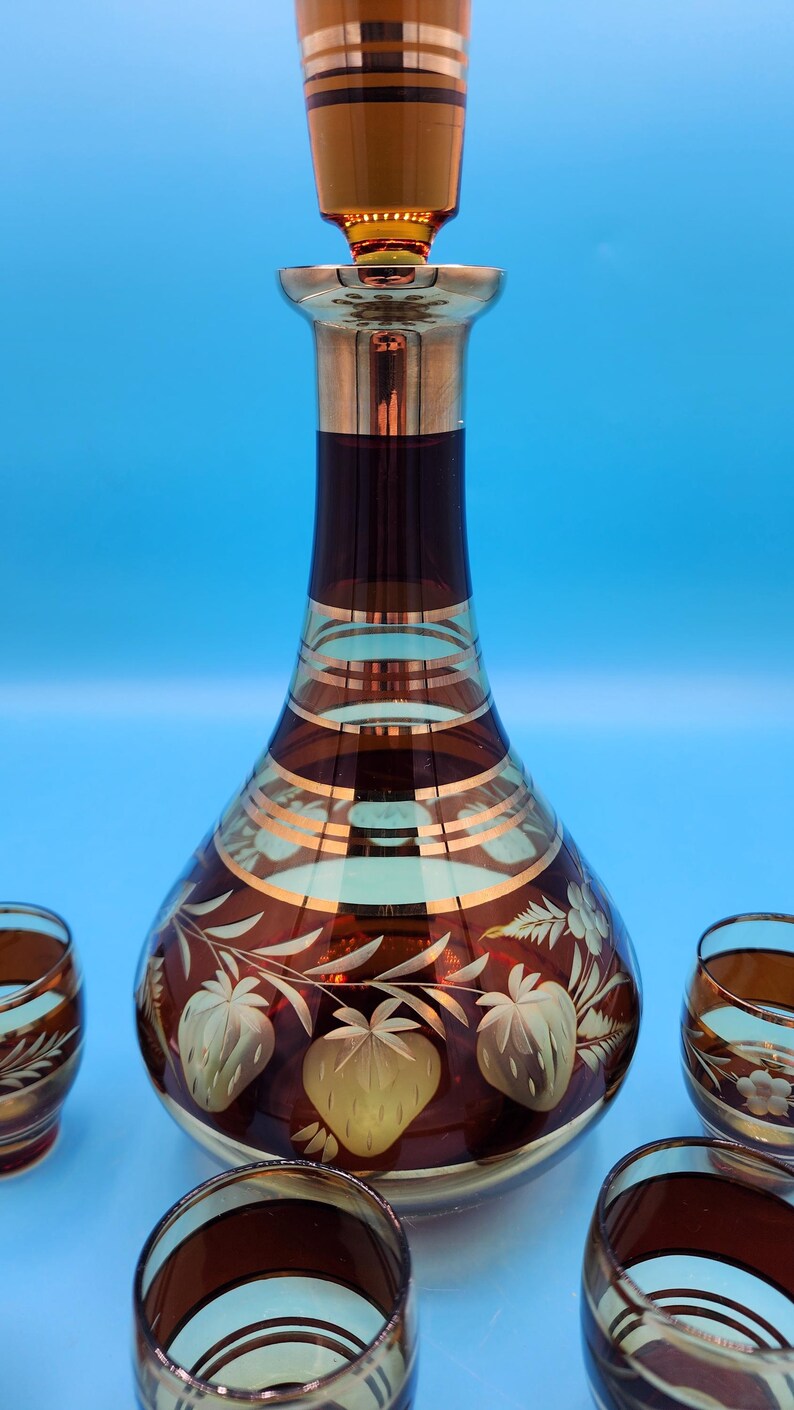 Vintage MCM Etched Amber Decanter and Cup Set - Etsy