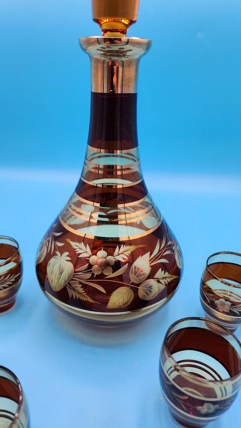 Vintage MCM Etched Amber Decanter and Cup Set - Etsy