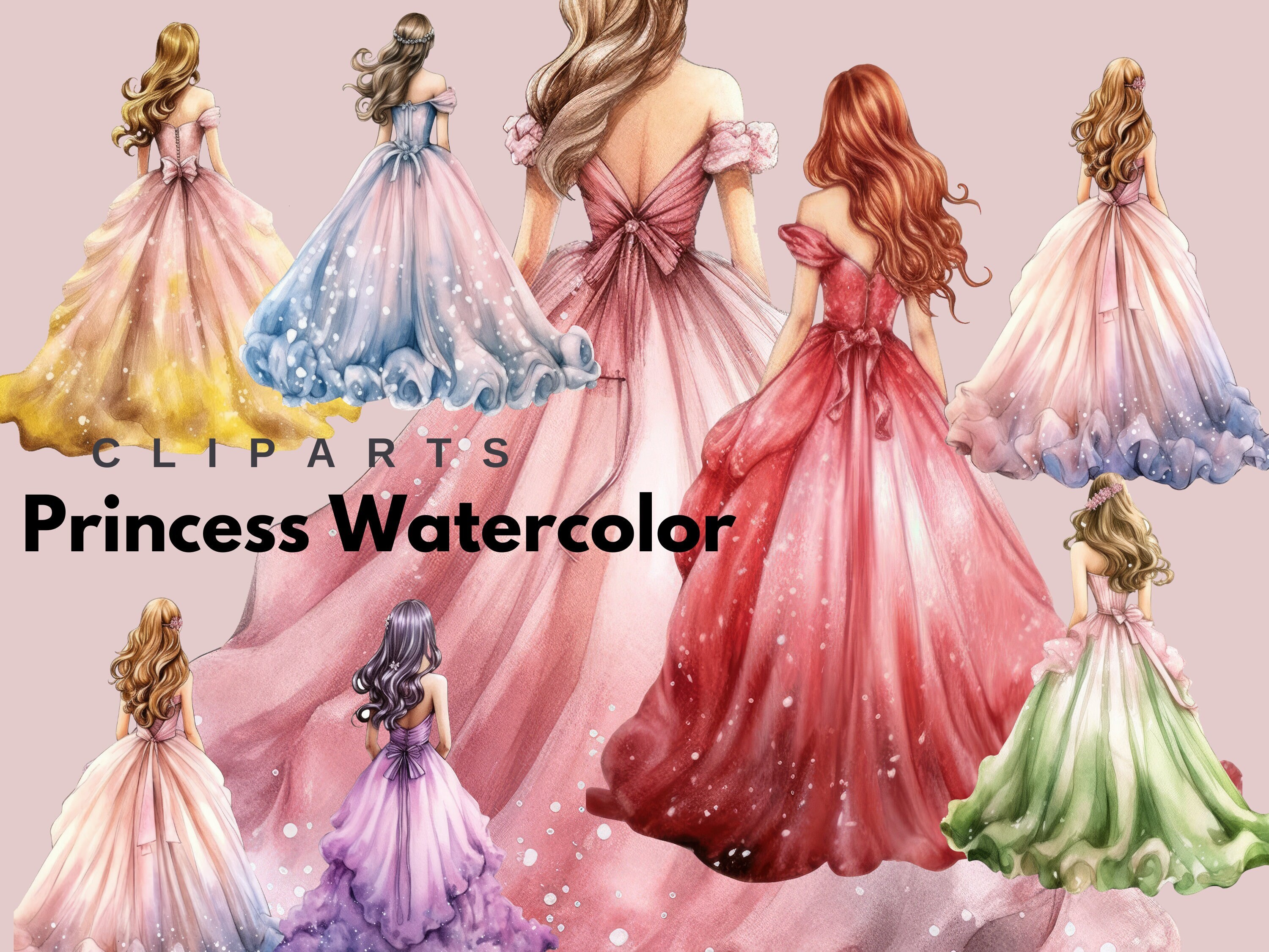 Princess Watercolor Clipart Set of 9 Clipart Princess Digital - Etsy