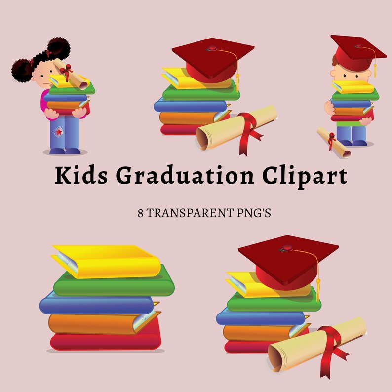 8 Kids Graduation Clipart Cute Kindergarden Graduation Cap, Diplomas ...