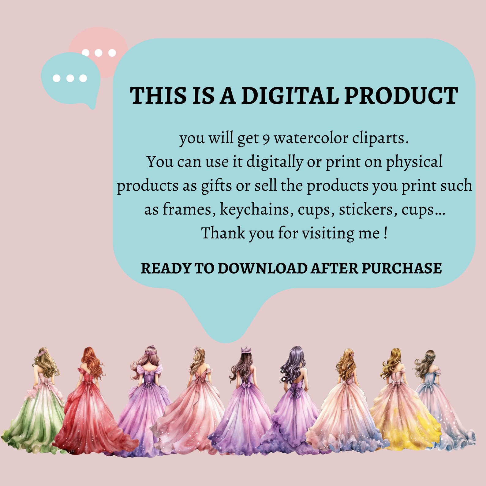 Princess Watercolor Clipart Set of 9 Clipart Princess Digital - Etsy