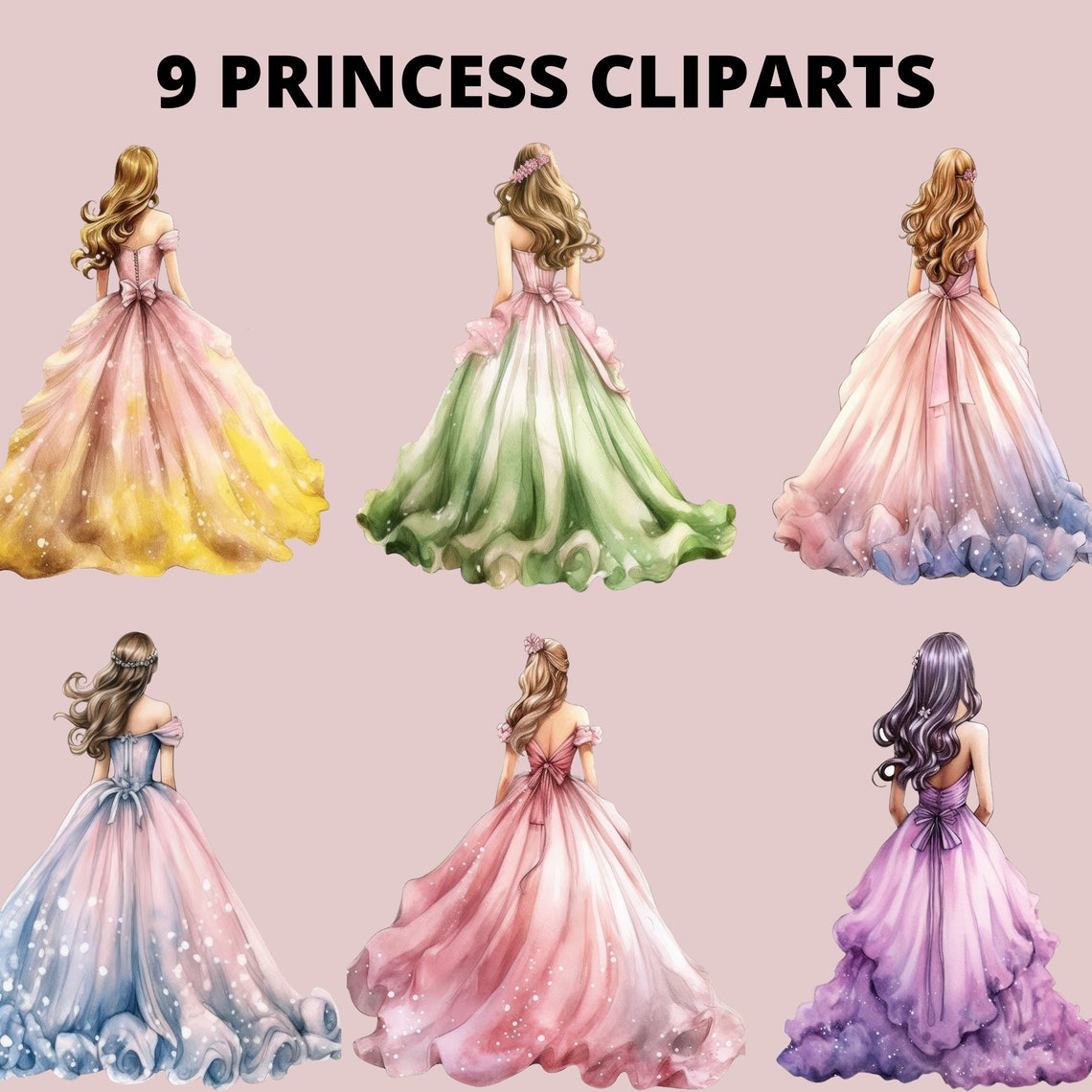 Princess Watercolor Clipart Set of 9 Clipart Princess Digital - Etsy