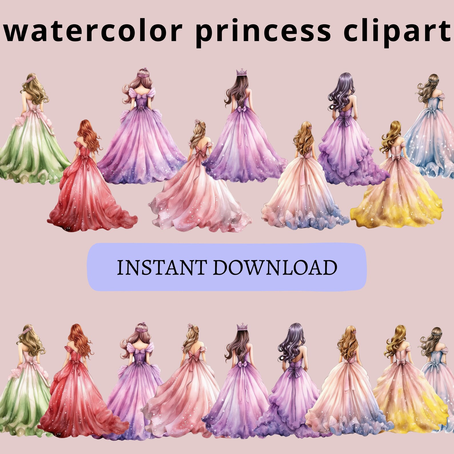 Princess Watercolor Clipart Set of 9 Clipart Princess Digital - Etsy