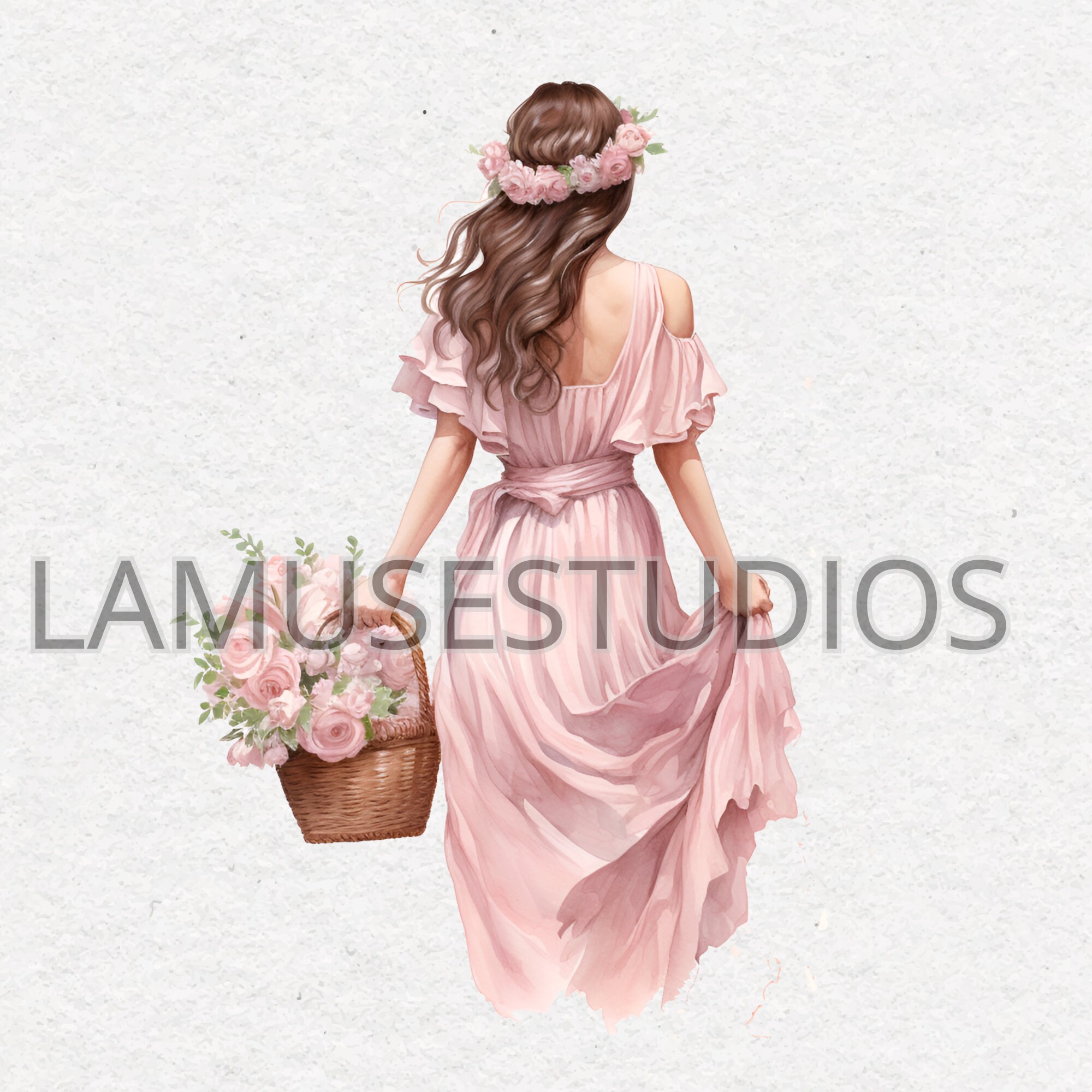 6 Pink Summer Girls Clipart PNG Watercolor Back Poses, Flower Baskets ...