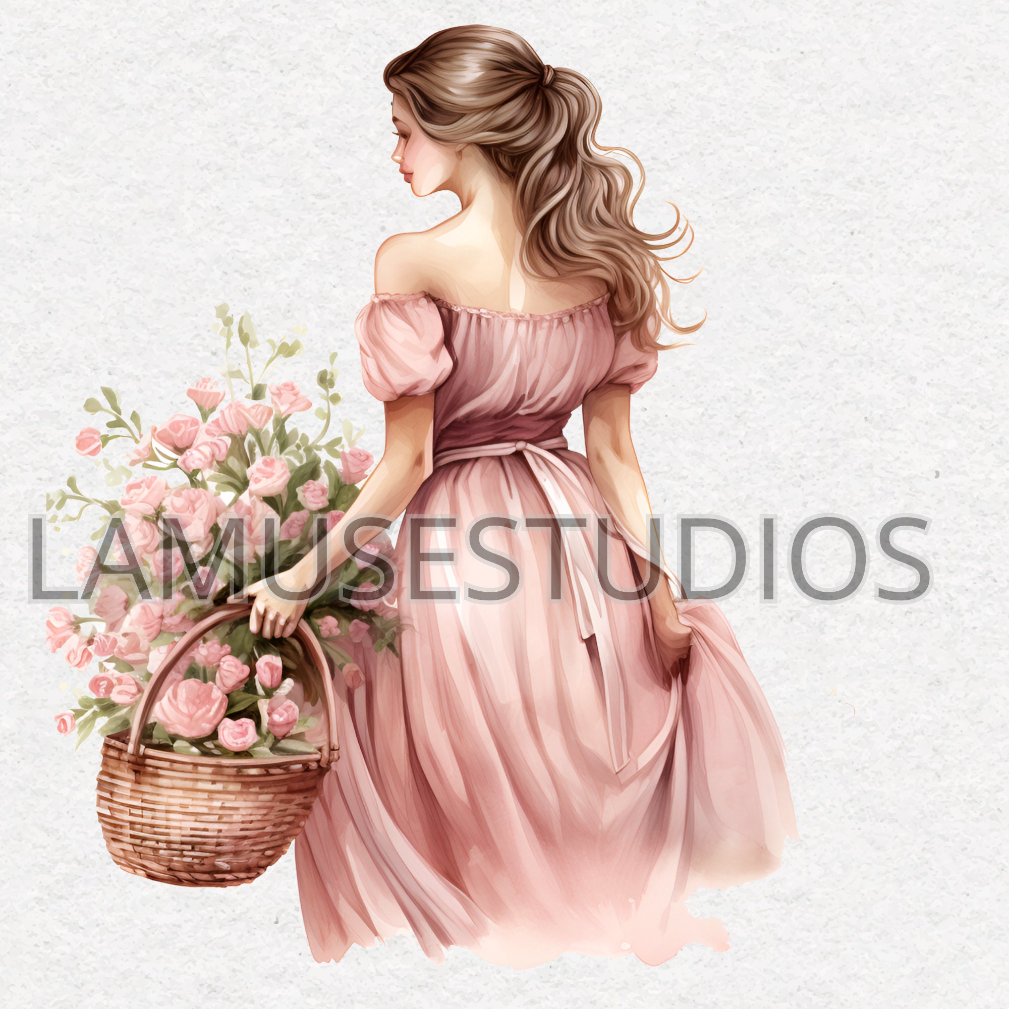 6 Pink Summer Girls Clipart PNG Watercolor Back Poses, Flower Baskets ...