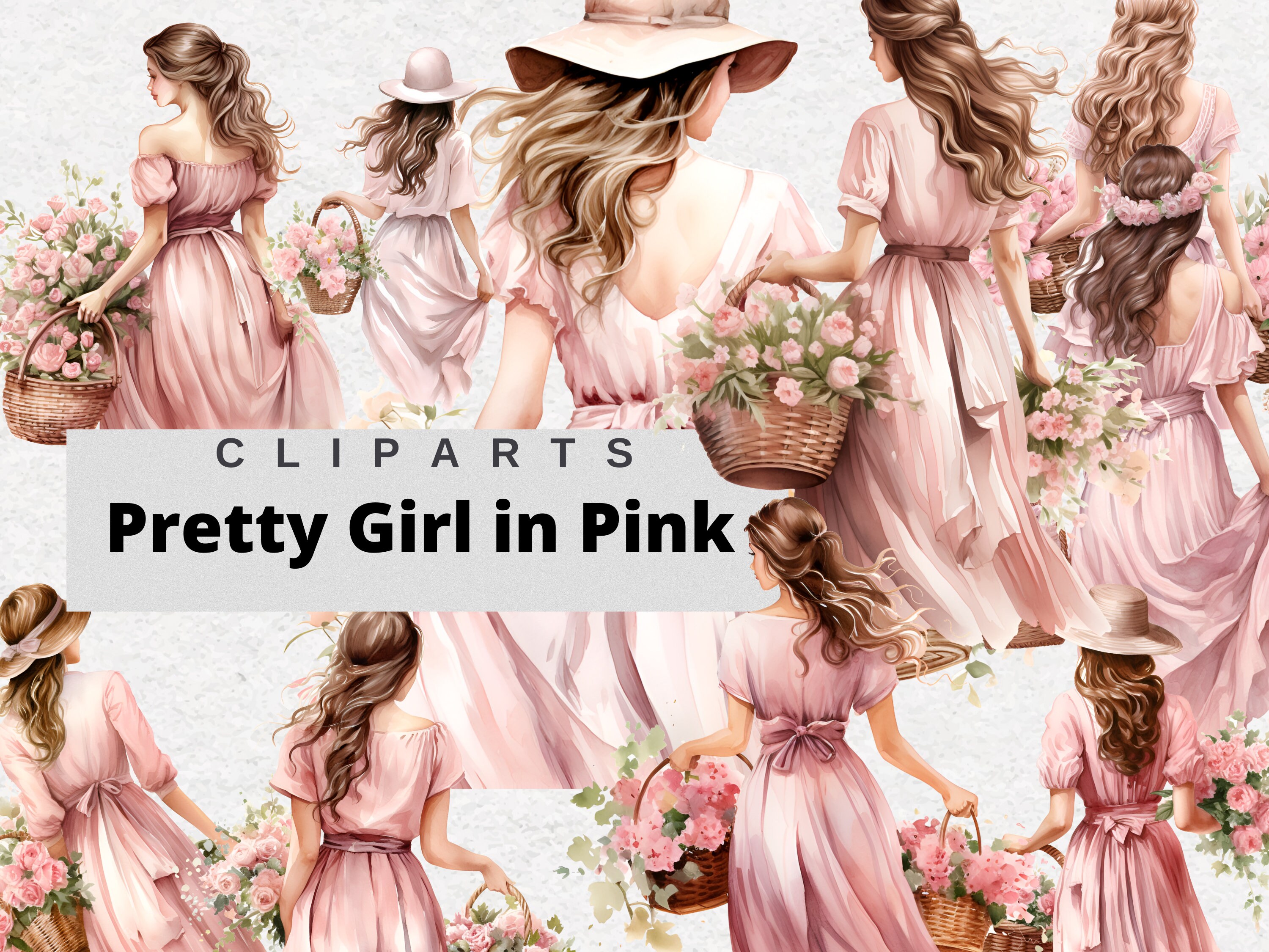 6 Pink Summer Girls Clipart PNG Watercolor Back Poses, Flower Baskets ...