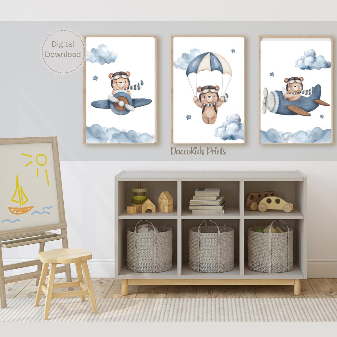 Aviation Bear Nursery Art Prints: Baby Pilot Airplane Decor (digital ...