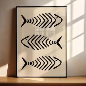 Three Fish Black on Tan Printable Download, Sketched Fish Art With Tan ...