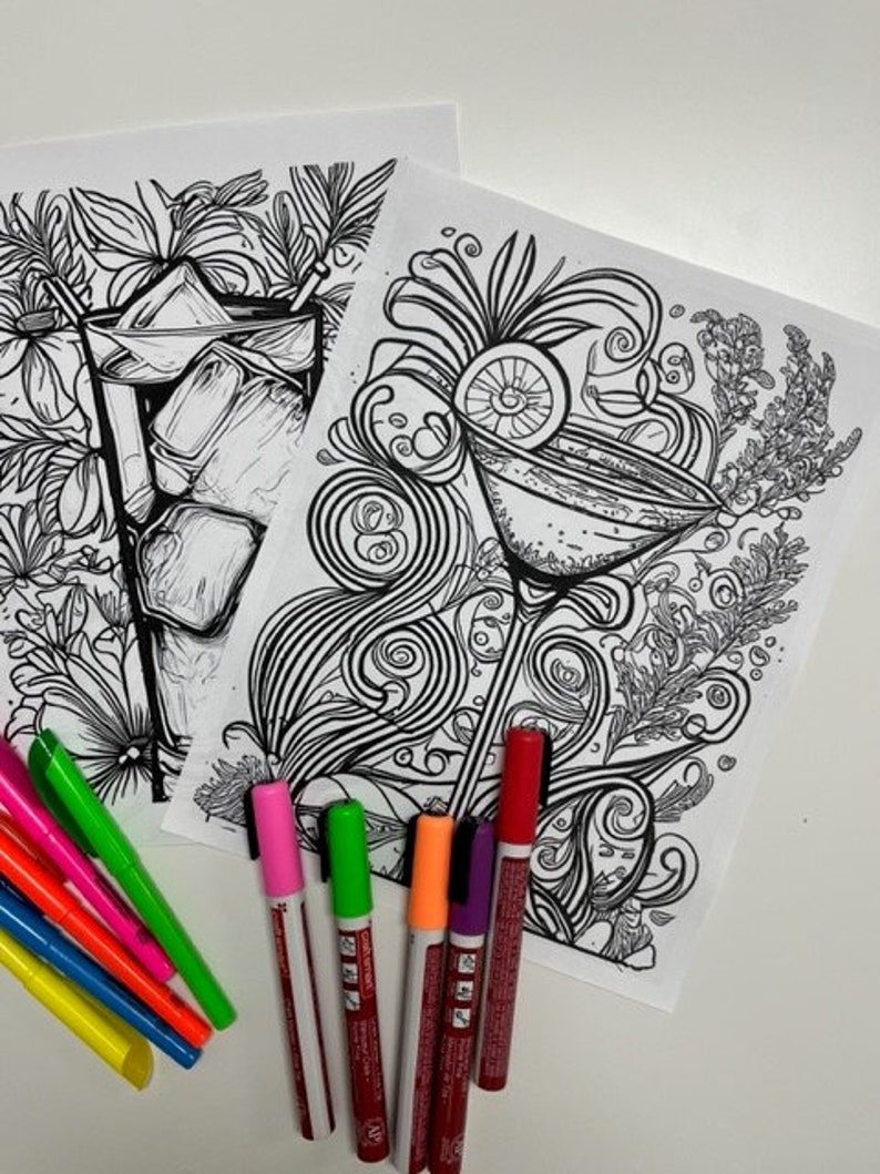 Cocktail Colouring Sheets, 16 8x10 Printable Adult Coloring Pages Black ...