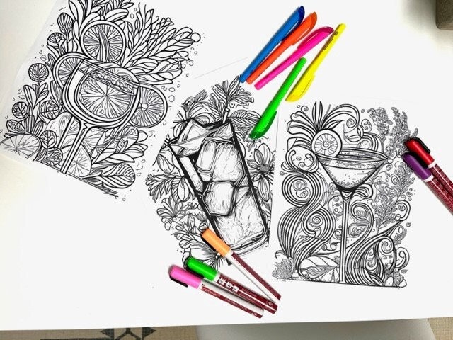 Cocktail Colouring Sheets, 16 8x10 Printable Adult Coloring Pages Black ...