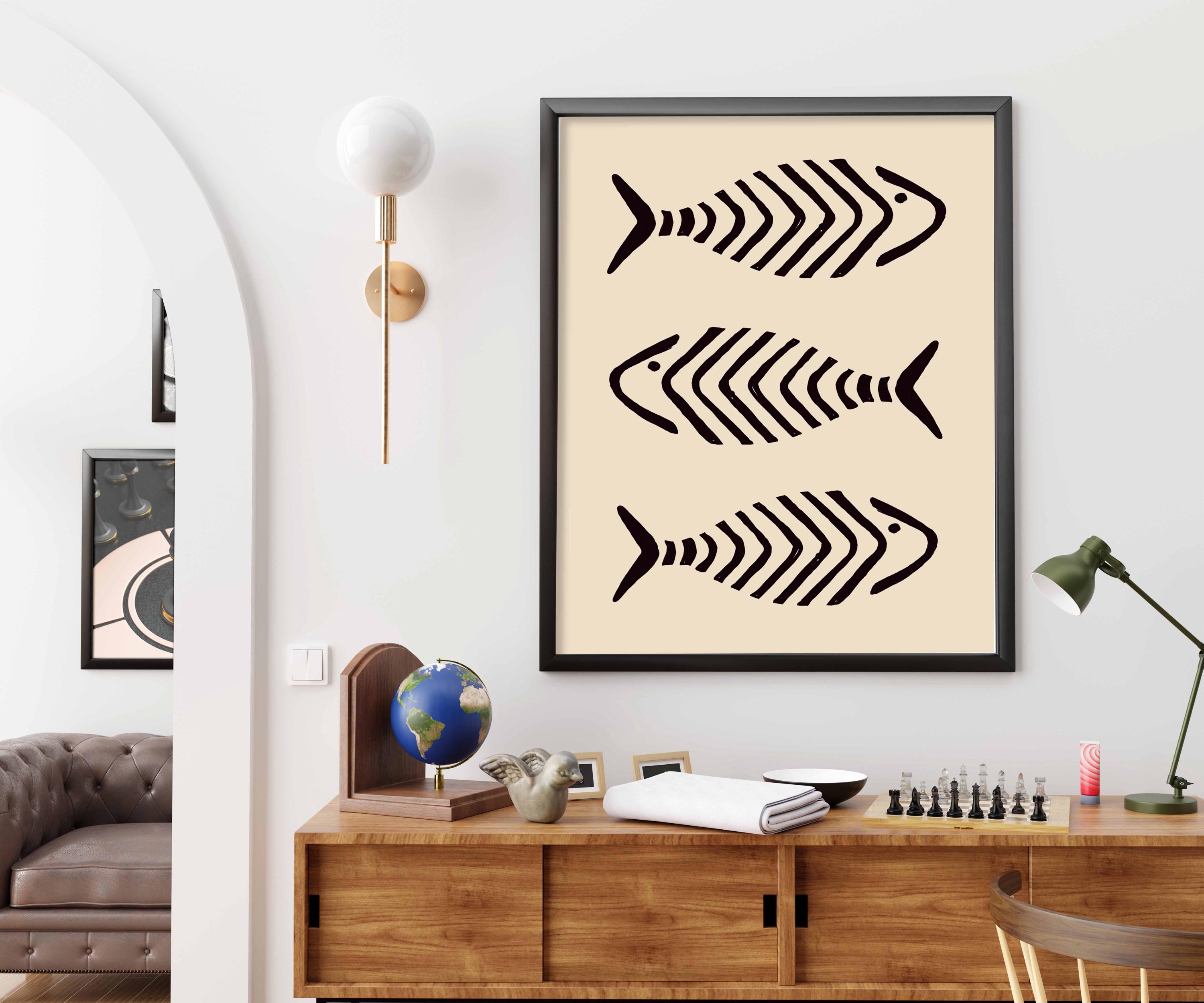 Three Fish Black on Tan Printable Download, Sketched Fish Art With Tan ...