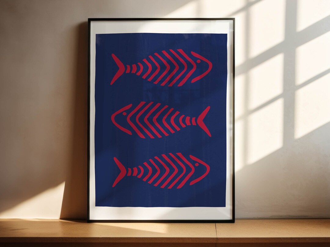 Three Fish Pink on Blue - Printable Download, Sketched Fish Art With ...