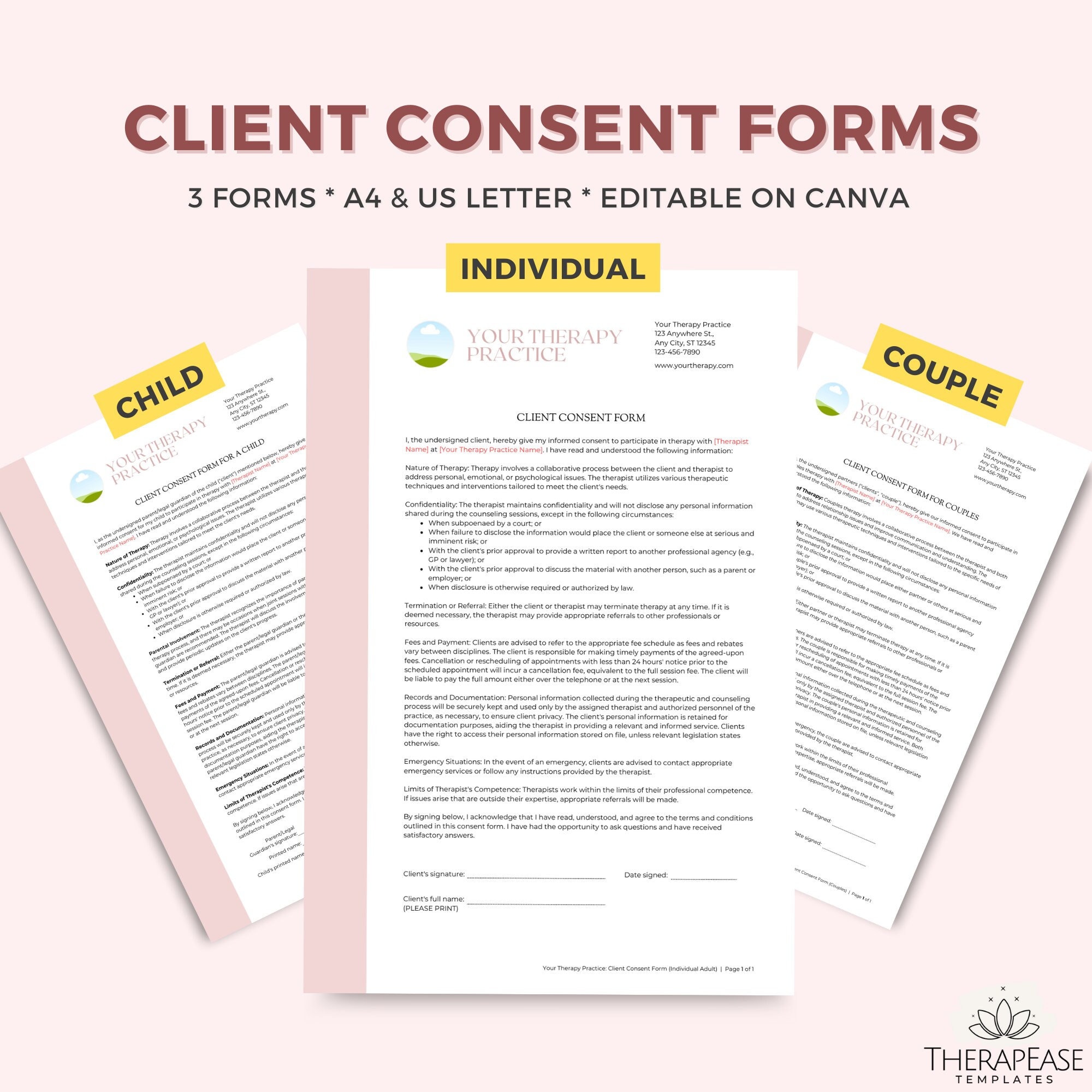 Client Consent Form Templates for Therapists, Informed Consent Form ...