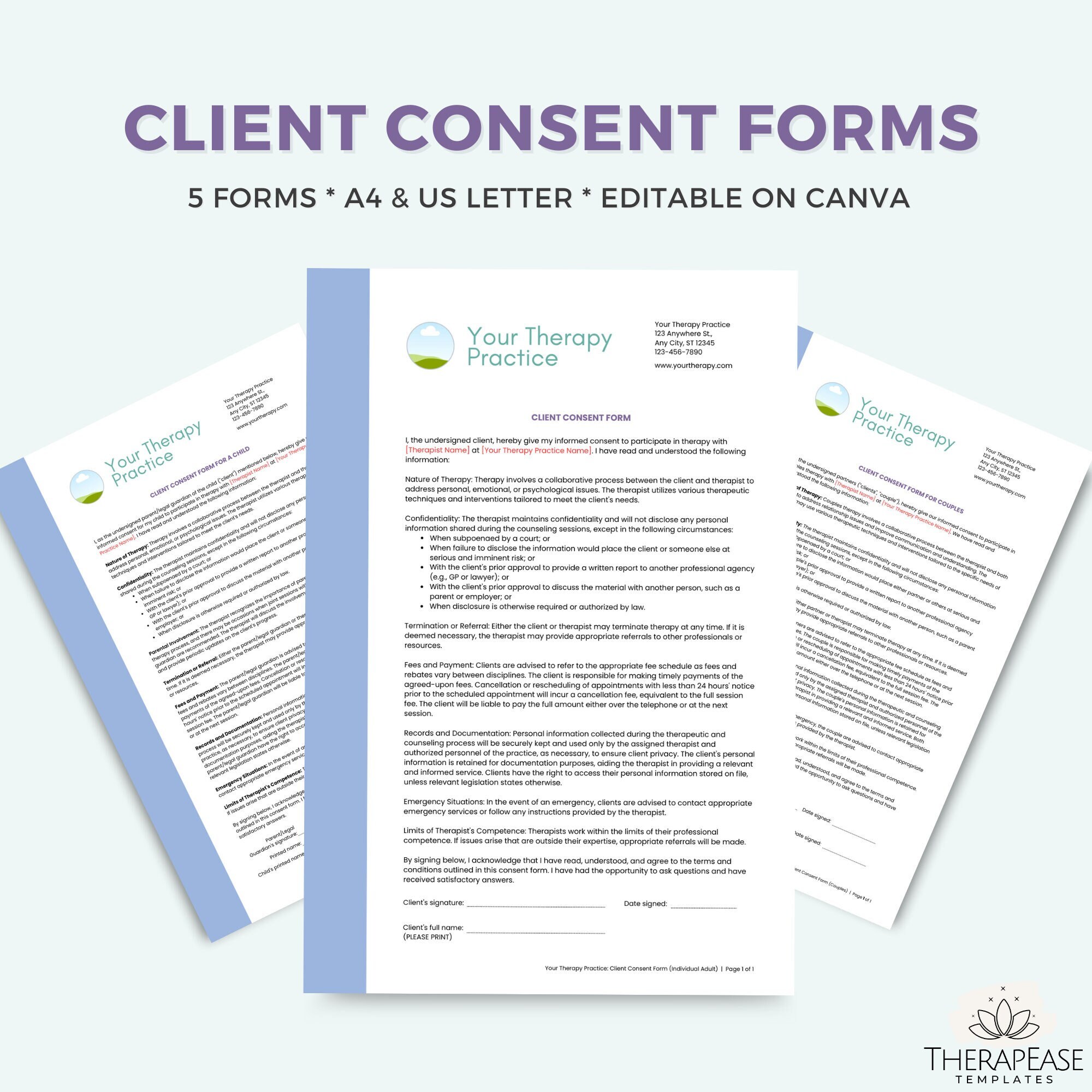 Client Consent Form Templates for Therapists, Informed Consent Form ...