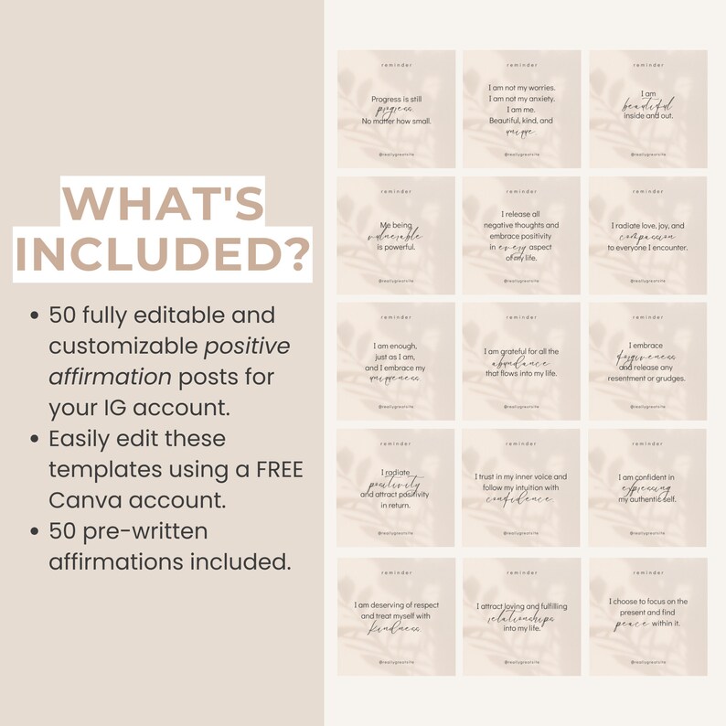 Positive Affirmations IG Post Template Bundle Canva Templates - Etsy