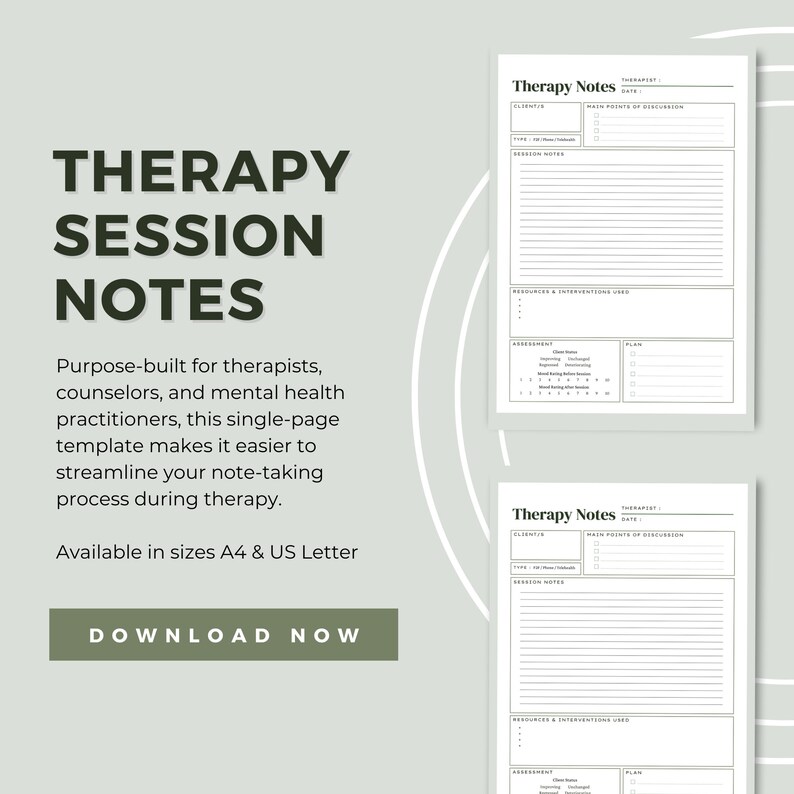 Therapist Session Notes Digital Template PDF, Printable Client Progress ...