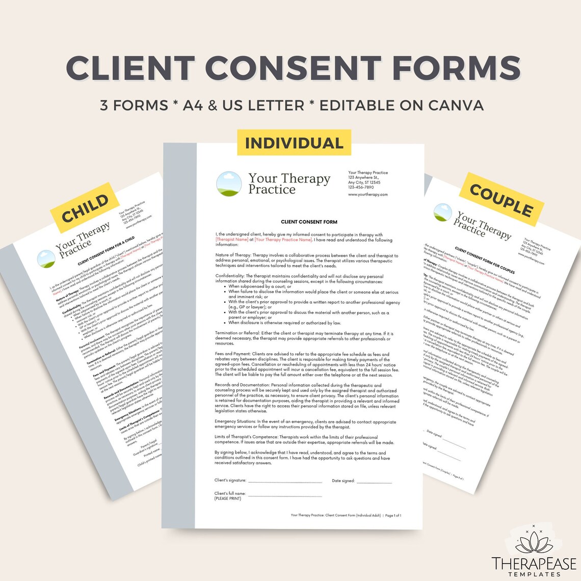 Client Consent Form Templates for Therapists, Informed Consent Form ...