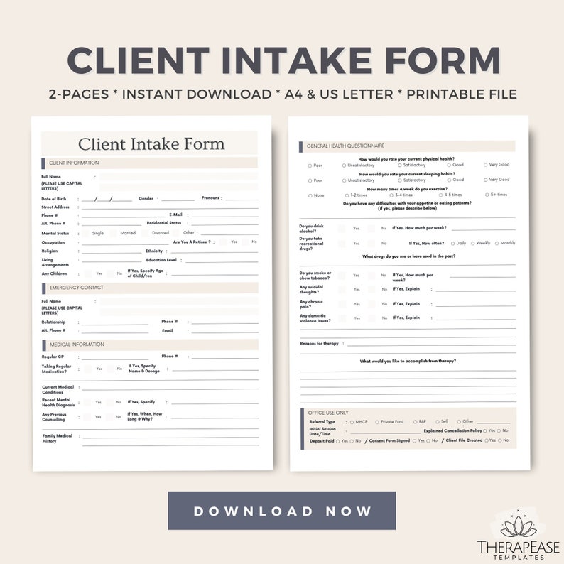 Client Intake Form Digital Template, Therapy Signup Form, Therapy ...