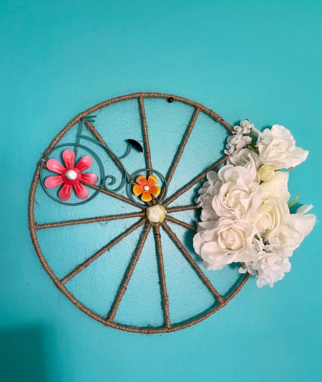 Bicycle Wheel Spring White Roses White Hydrangea Flower Wreath Wall ...