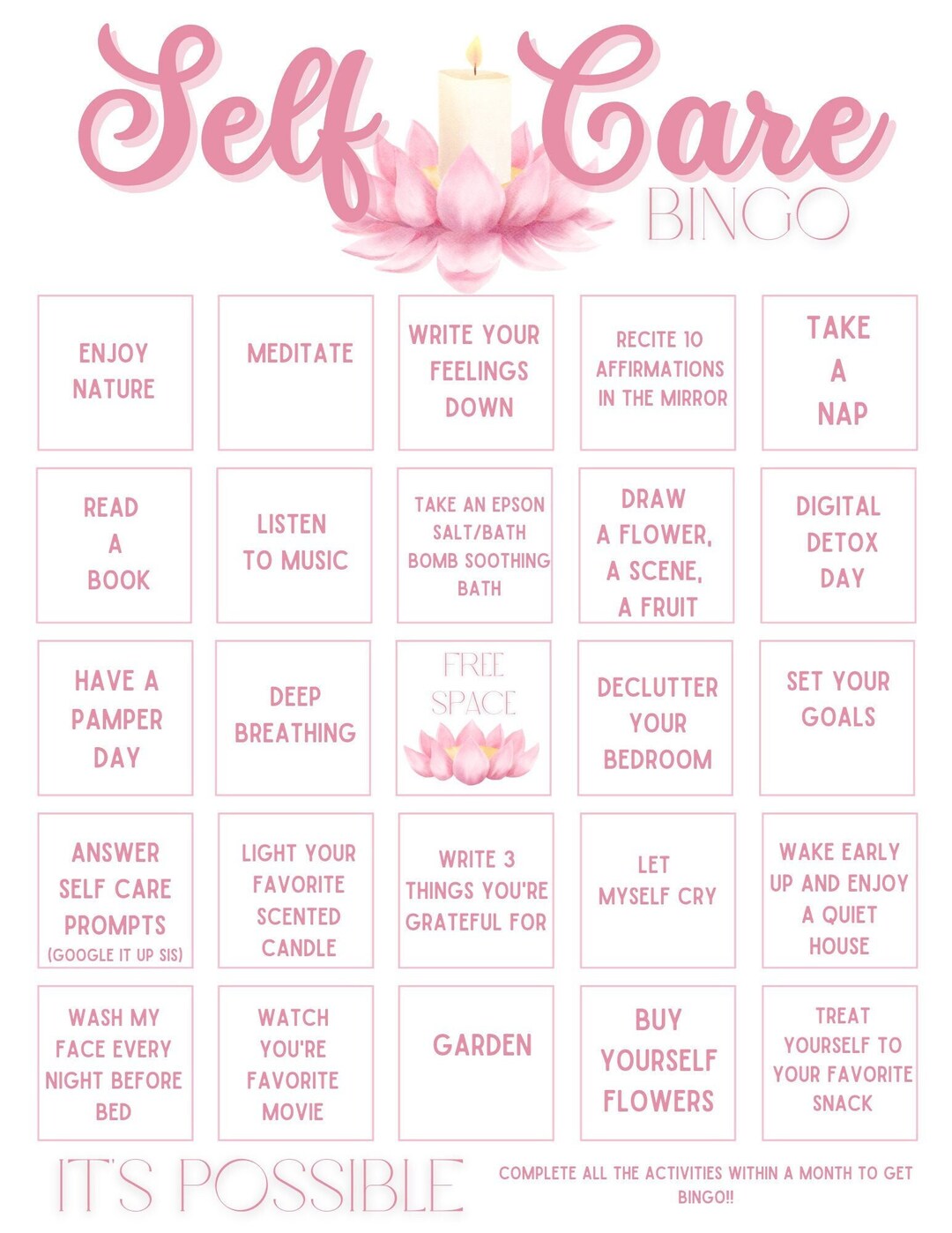 Monthly Self-care Bingo - Etsy