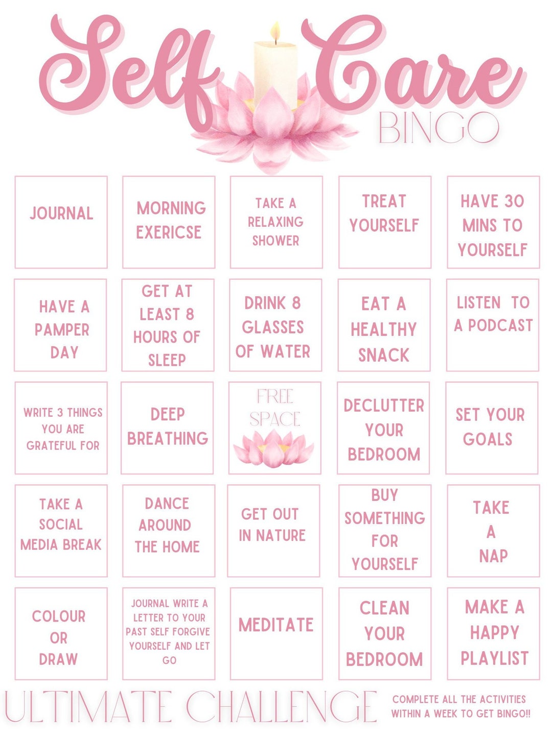 Weekly Self Care Bingo Designed for Mothers - Etsy