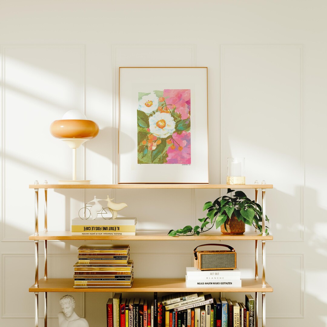 Spring Poppies Original Acrylic Painting: Pink, Green, and Gold Floral ...