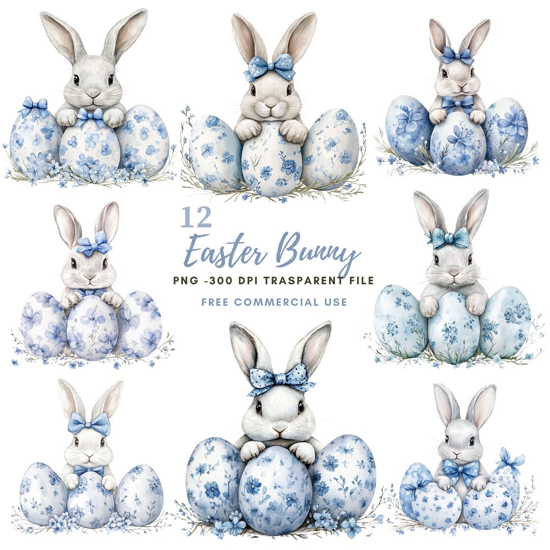 Easter Bunny Blue Clipart PNG Bundle 12 High Quality| Watercolor Bunny ...