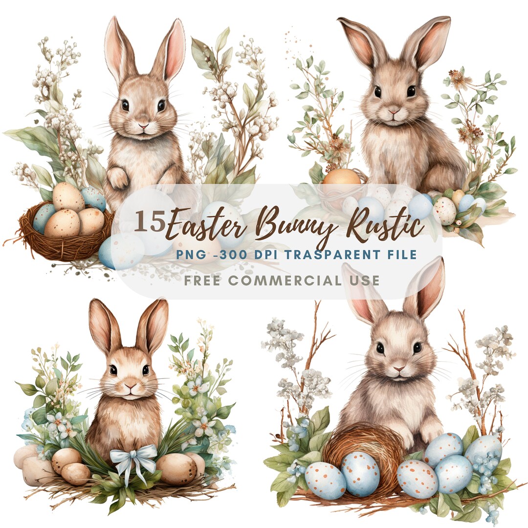 Easter Bunny Rustic Clipart PNG Bundle 15 High Quality JPG, Watercolor ...