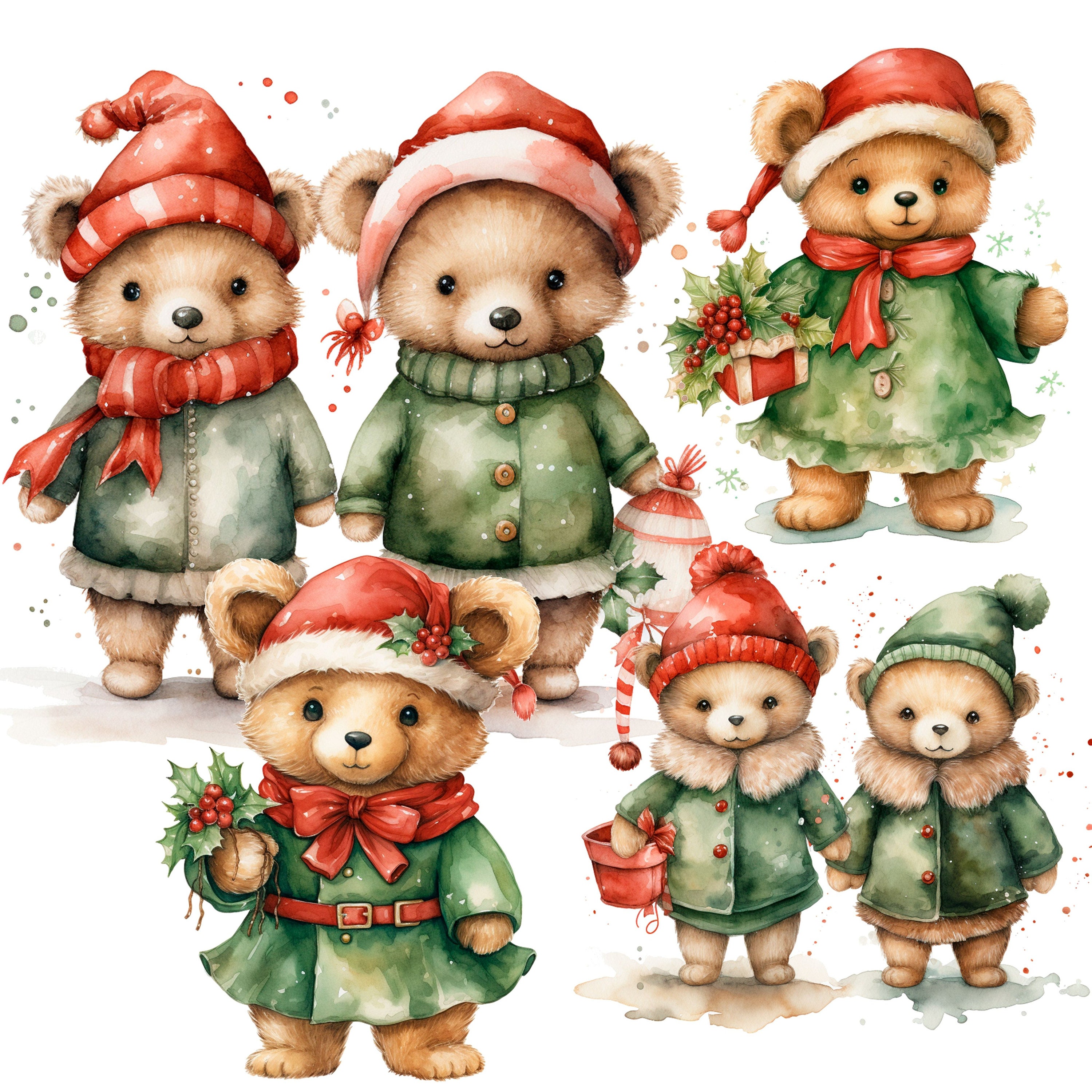Christmas Teddy Bear, Watercolor Clipart PNG,15 High Quality Jpgs ...