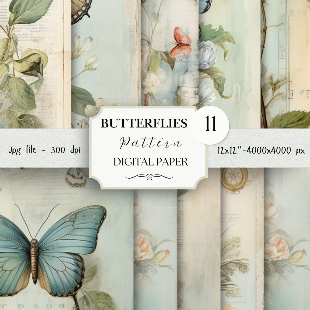 Butterflies Digital Paper Pack -11 Vintage Scrapbook Junk Journal ...