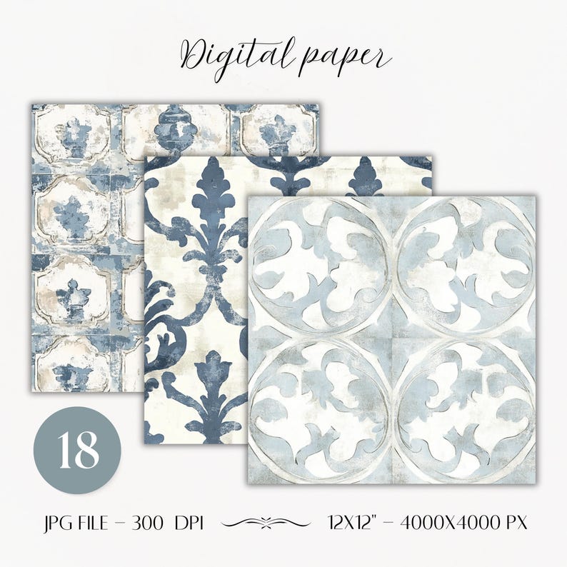 Italian Blue Pattern Digital Paper Pack- Scrapbook Junk Journal Papers ...