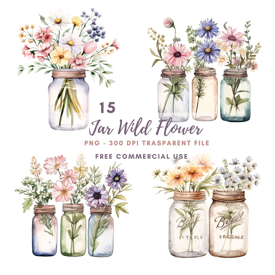 Jar of Flower Clipart Bundle 15 High Quality PNG, Watercolor Rustic ...
