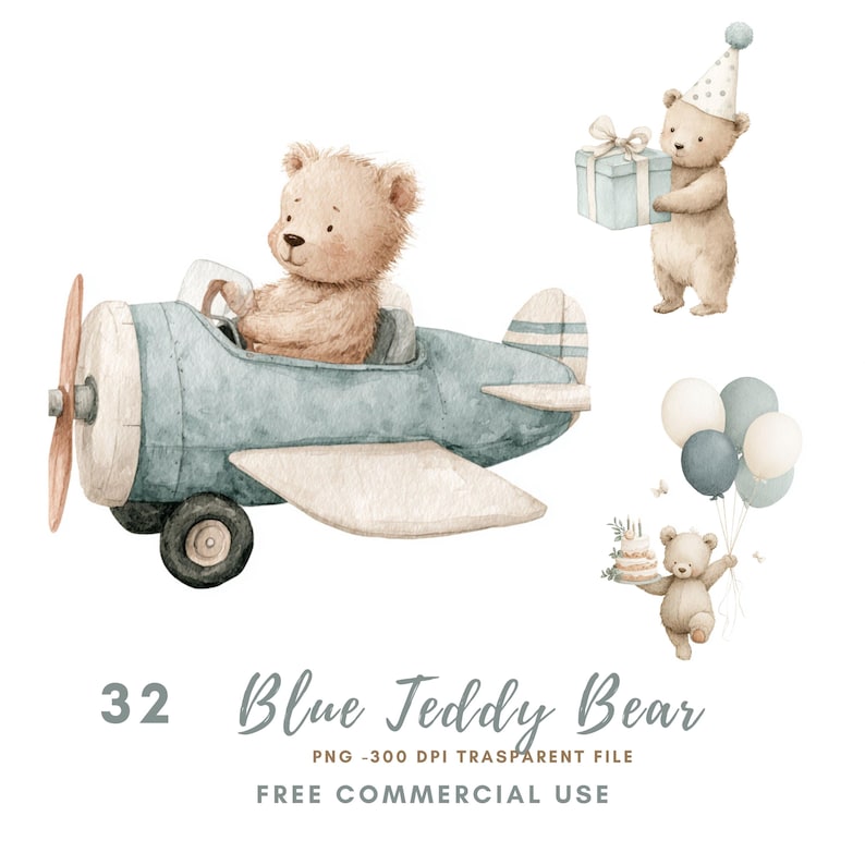 Blue Teddy Bear Nursery Clipart , Bundle 32 Png,watercolor It's a Boy ...