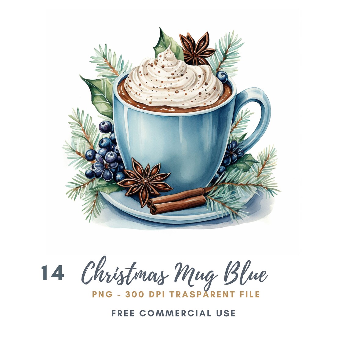 Christmas Mug Clipart Bundle 14 High Quality Png,watercolor Blue Cup ...