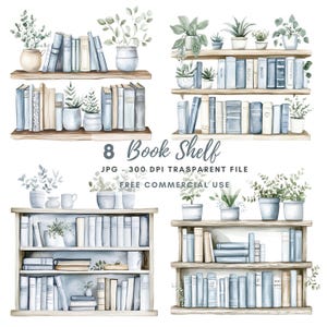 Bookshelf Clipart, Bundle 8 High Quality Png,watercolor Blue Bookcase ...