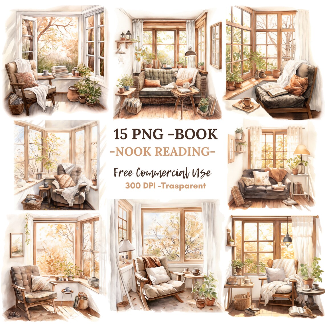Nook Reading Book Clipart Bundle 15 High Quality Png,watercolor Home ...