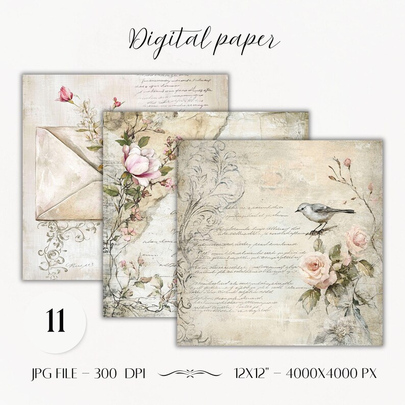 Shabby Chic Digital Paper Pack -11 Love Pages Scrapbook Junk Journal ...