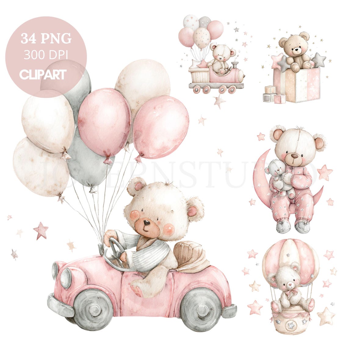 Pink Teddy Bear Nursery Clipart PNG Bundle 34 High Quality| Watercolor ...