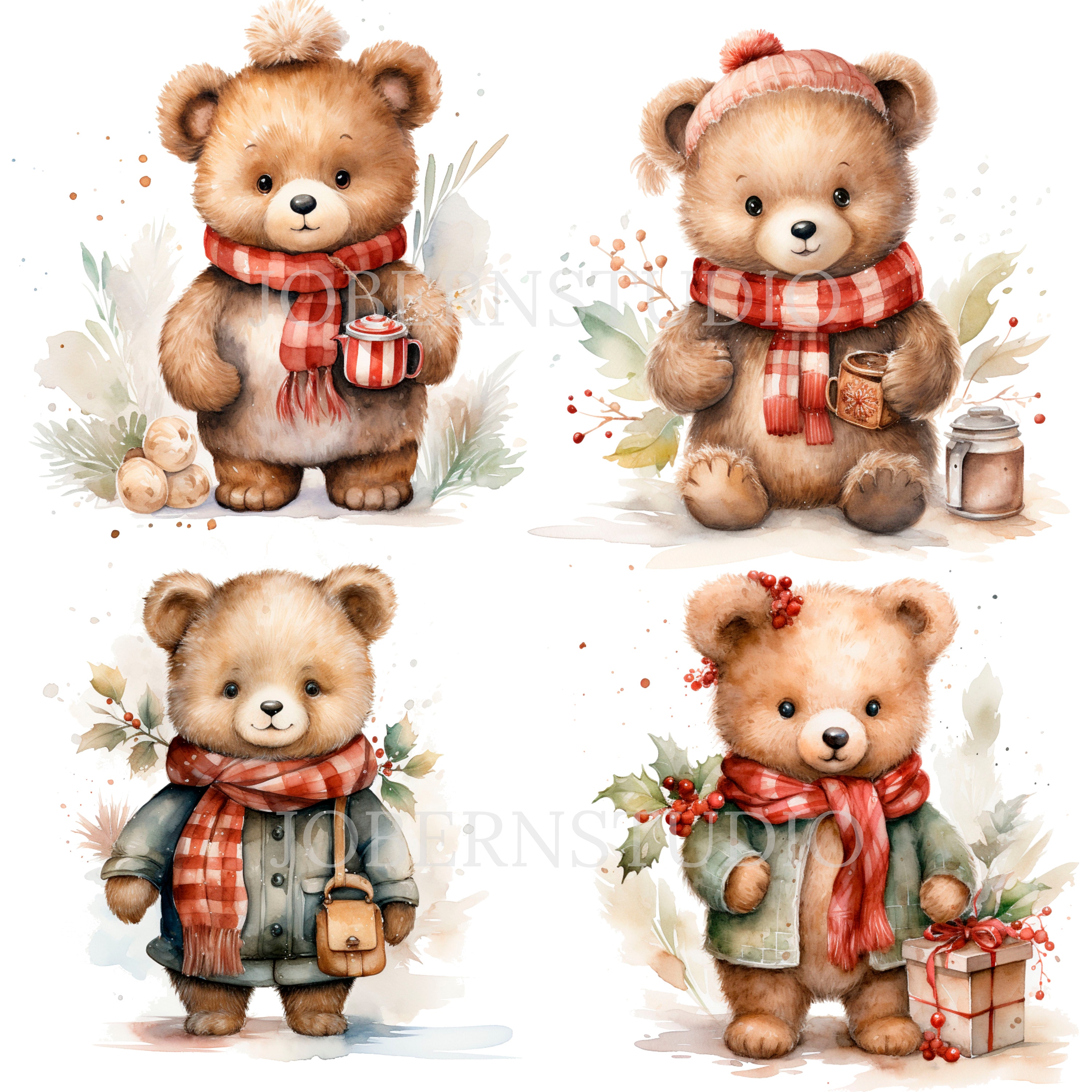 Christmas Teddy Bear, Watercolor Clipart PNG,15 High Quality Jpgs ...