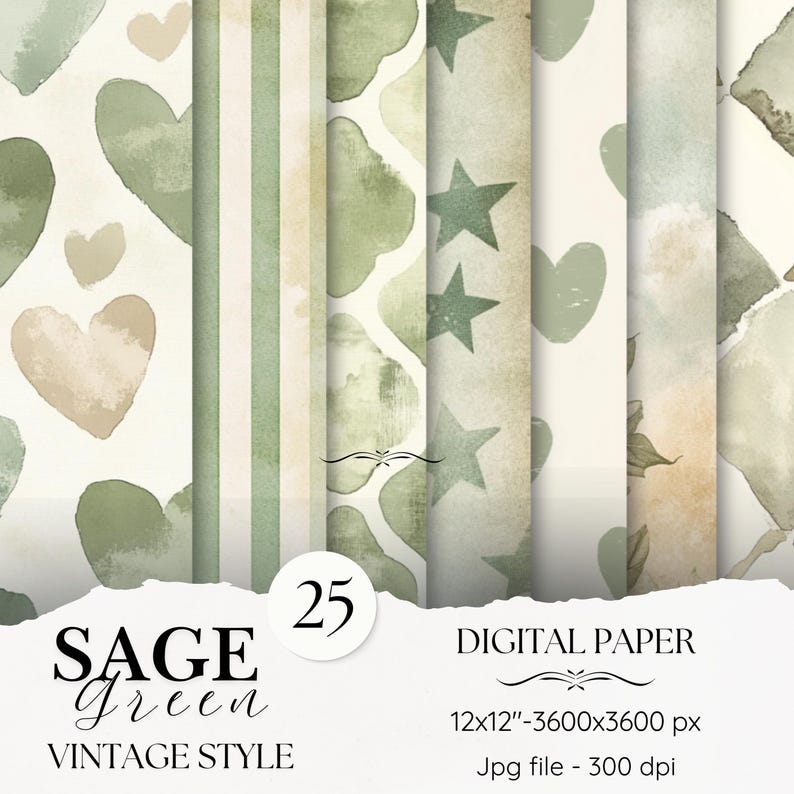 Vintage Sage Green Digital Paper Pack- Scrapbook Junk Journal Papers ...